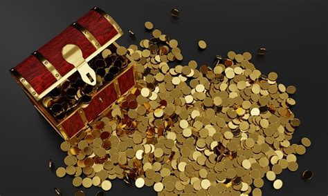 많은 사람들이 보물 상자에서 날아 간 금화를 분배합니다 금으로 만든 보물 상자 고급스럽고 비싼 금화가 튀어나와 고대 보물 상자가 열렸습니다 3d 렌더링 개념에 대한 스톡