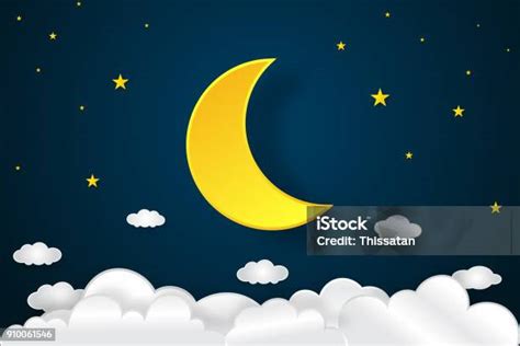 큰 반달 구름와 종이 예술과 공예 스타일 개념으로 어두운 밤에 별 벡터 일러스트 레이 터 거친에 대한 스톡 벡터 아트 및 기타 이미지 Istock