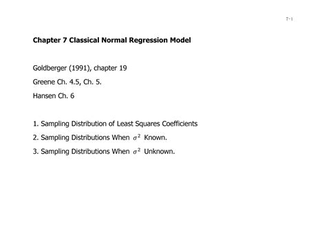 Note 7 Classical Normal Regression Modelclass Chapter 7 Classical