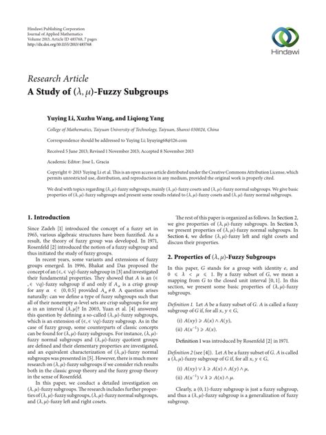 PDF A Study Of Fuzzy Subgroups