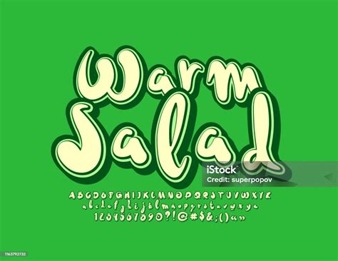 손으로 쓴 알파벳 문자 숫자와 기호와 벡터 녹색 엠블럼 따뜻한 샐러드 건강한 생활방식에 대한 스톡 벡터 아트 및 기타 이미지