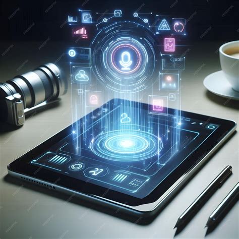 Tablet With Holographic Ai Qa Icons On Minimalist Desk Setup Premium Ai Generated Image