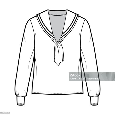 셔츠 미디 세일러 정장 기술 패션 일러스트와 팔꿈치 접힌 긴 소매 커프 튜닉 길이 오버사이즈 0명에 대한 스톡 벡터 아트 및