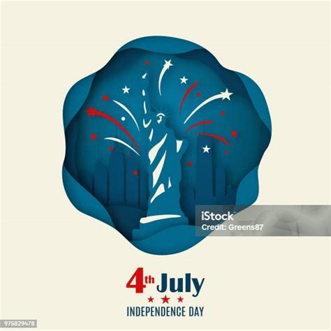 자유의 여 신상과 종이 접기 스타일에서 불꽃놀이 배너를 인사말입니다 7 월의 제 4입니다 미국 독립의 날입니다 벡터 종이 아트 일러스트 불꽃놀이 오락 행사에 대한 스톡 벡터