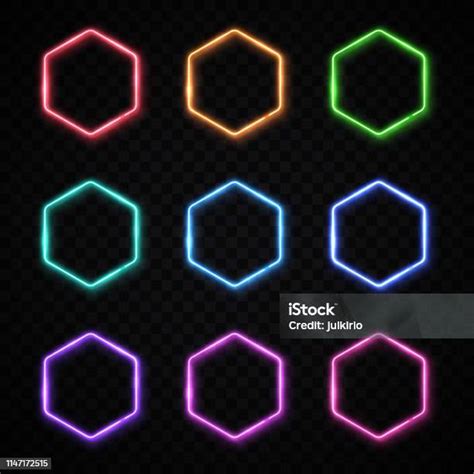 육각형 네온 배너 설정 합니다 빛나는 전기 국경 컬렉션입니다 빈 텍스트 공간을 가진 육각형 빛 표지판 투명 한 배경에 전기 Led 램프 밝은 프레임 포도 수확 디자인 벡터