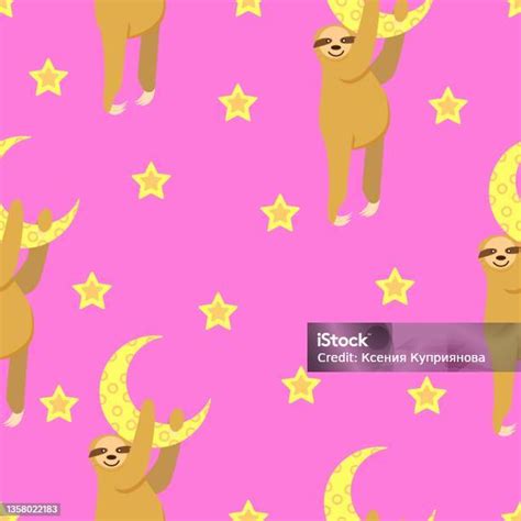매끄러운 패턴 노란 초승달에 매달려있는 아기 나무늘보 달과 별 분홍색 배경 귀엽고 재미있습니다 만화 스타일 안녕히 주무세요 키즈 침실 엽서 벽지 섬유 포장지 0명에 대한