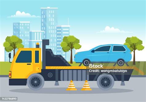 자동 견인 자동차 템플릿에서 길가 보조 서비스와 트럭을 사용하여 손으로 그린 만화 플랫 배경 일러스트 레이 션 걸이 장비에 대한 스톡 벡터 아트 및 기타 이미지 Istock
