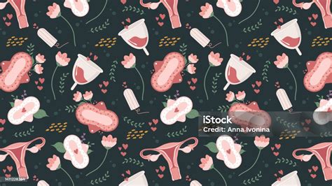 원활한 월경 테마 패턴 배경 자궁 컵 및 여성 위생 패드가있는 배너 반복적 인 배경 다채로운 플랫 벡터 일러스트 레이 션 생식권에 대한 스톡 벡터 아트 및 기타 이미지