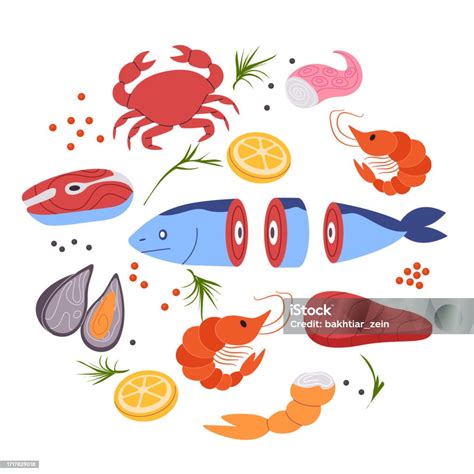 해산물 컬렉션 세트 벡터 그리기 그림 물고기 새우 게 참치 요리 해양 생물의 플랫 문어에 대한 스톡 벡터 아트 및 기타 이미지