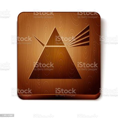 흰색 배경에 격리 된 프리즘 아이콘의 갈색 광선 유리 프리즘에 레이 무지개 스펙트럼 분산 광학 효과 나무 사각형 버튼입니다 벡터 일러스트레이션 0명에 대한 스톡 벡터 아트