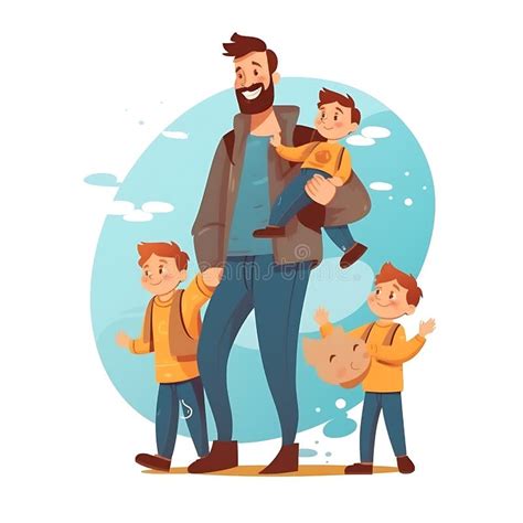 Smiling Father Walking With His Three Sons Stock Illustration