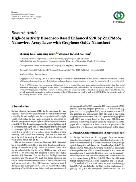 Pdf High Sensitivity Biosensor Based Enhanced Spr By Znomos 2 Nanowires Array Layer With