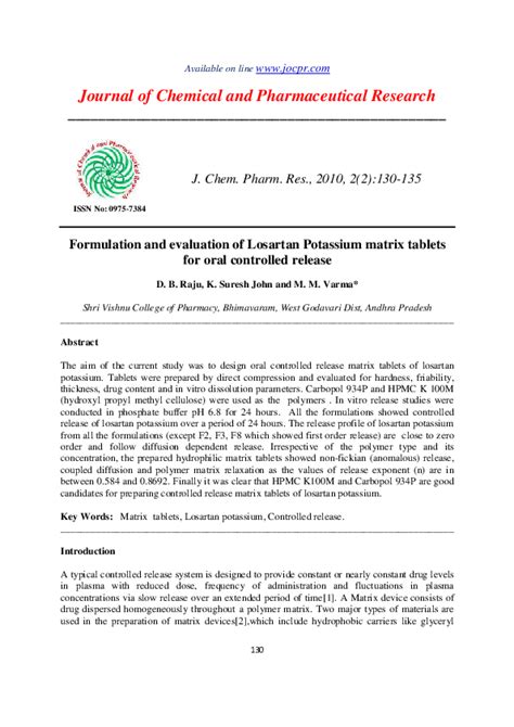 Pdf Formulation And Evaluation Of Losartan Potassium Matrix Tablets For Oral Controlled Release