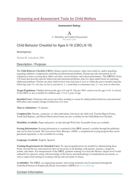Cbcl Rating Educational Assessment Quality Of Life
