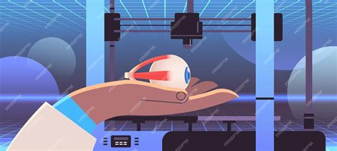 인간 이식 기관의 3d 바이오 프린터 의료 인쇄에 인쇄된 안구 모델을 손에 들고 있는 연구원 프리미엄 벡터