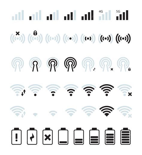 전화 모바일 신호 Wi Fi 및 모바일 상태 표시 줄 연결 아이콘 Gsm 배터리 잔량 사진 프리미엄 벡터
