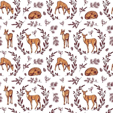 Premium Vector Fawn Deer Floral Forest Seamless Pattern Realistic Illustrations Hand Drawn