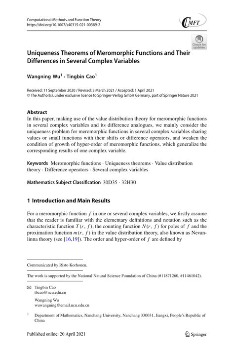 Pdf Uniqueness Theorems Of Meromorphic Functions And Their Differences In Several Complex