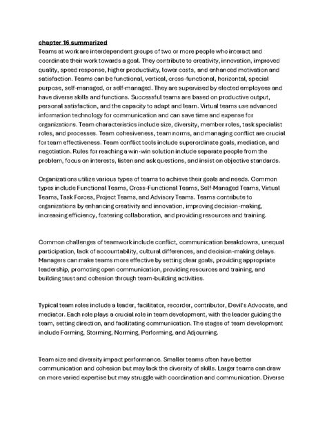 Commerce Summarized Notes Semester 2 Chapter 16 Summarized Teams At Work Are Interdependent
