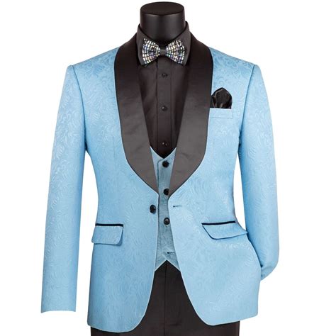Vinci Mens Light Blue Jacquard 3 Piece Slim Fit Tuxedo Wedding Suit