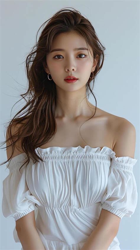 Elegant Young Woman In An Off The Shoulder White Dress Against A