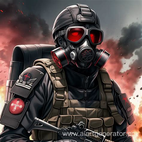 Intense Anime Soldier In Black Armor And Redglare Gas Mask Ai Art Generator