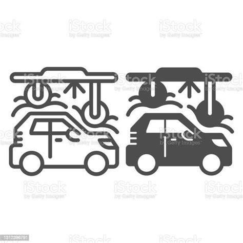 터널 세차 라인과 단단한 아이콘 세차 개념 흰색 배경자동 차량 세척 서비스 표지판 세차 터널 시스템 아이콘 개요 스타일로 세차하는 과정 벡터 그래픽 검은색에 대한 스톡 벡터