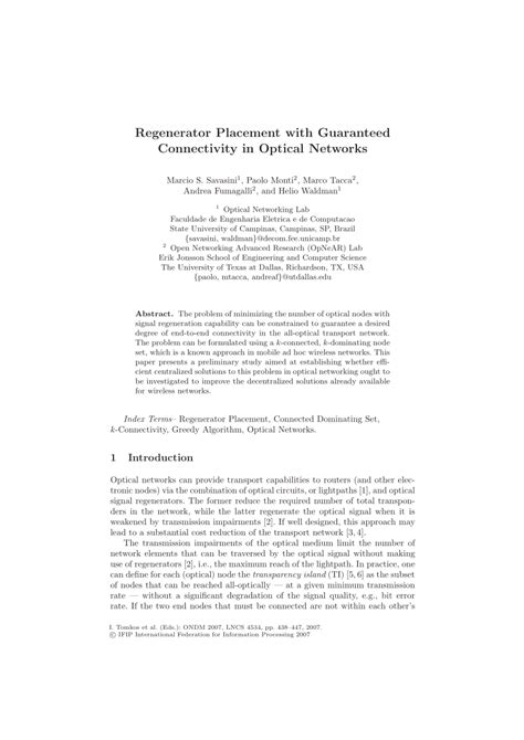 Pdf Regenerator Placement With Guaranteed Connectivity In Optical