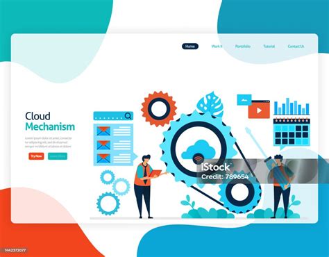 홈페이지 방문 페이지 벡터 평면 그림 구름 메커니즘의 클라우드 스토리지 기술의 수리 및 유지 보수 디지털 백업 데이터베이스의 보안 시스템 웹 전단지 웹 사이트 모바일 앱