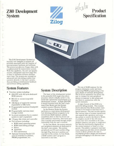Pdf Zilog Z80 Development System Product Specification 1976