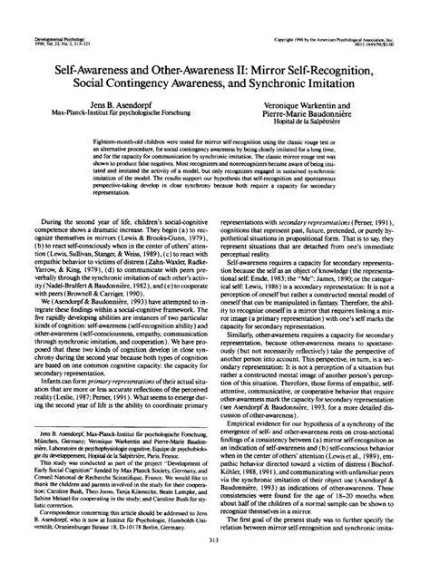 Pdf Self Awareness And Other Awareness Ii Mirror Self Recognition Social Contingency