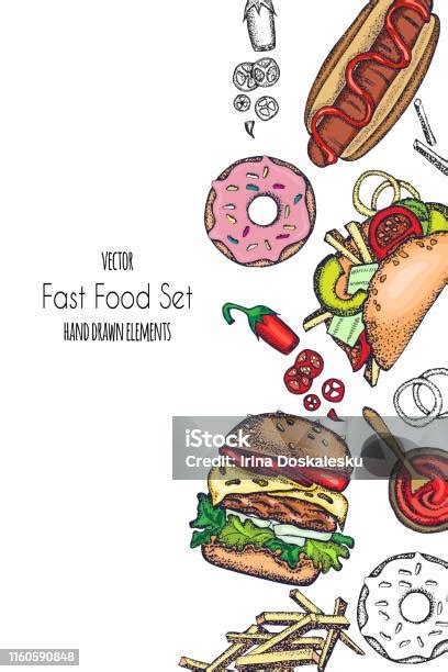 손으로 그린 패스트 푸드 세트입니다 피자 햄버거 타코 햄버거 도넛 핫도그 감자 튀김 푸드 코트에 대한 스톡 벡터 아트 및 기타 이미지 Istock