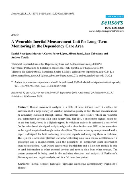 Pdf A Wearable Inertial Measurement Unit For Long Term Monitoring In