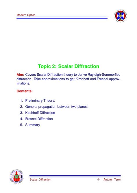 Pdf Topic 2 Scalar Diffraction Aim Covers Scalar Diffraction Theory To Pdf Document 676467