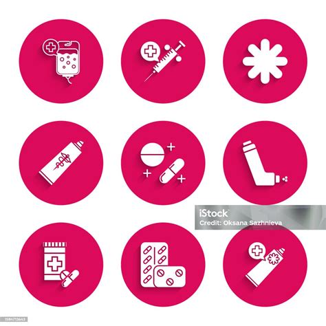 약 알약 또는 정제 알약 물집 팩 연고 크림 튜브 약 흡입기 병 및 알약 크로스 병원 의료 및 Iv 가방 아이콘을 설정합니다 벡터 1위에 대한 스톡 벡터 아트 및 기타