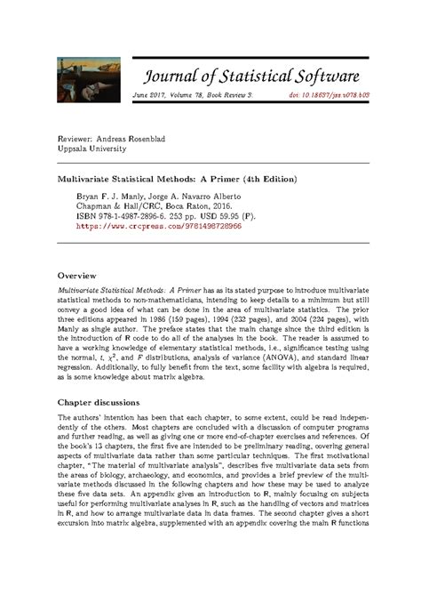 Multivariate Statistical Methods A Primer 4th Edit Jss Journal Of Statistical Software June