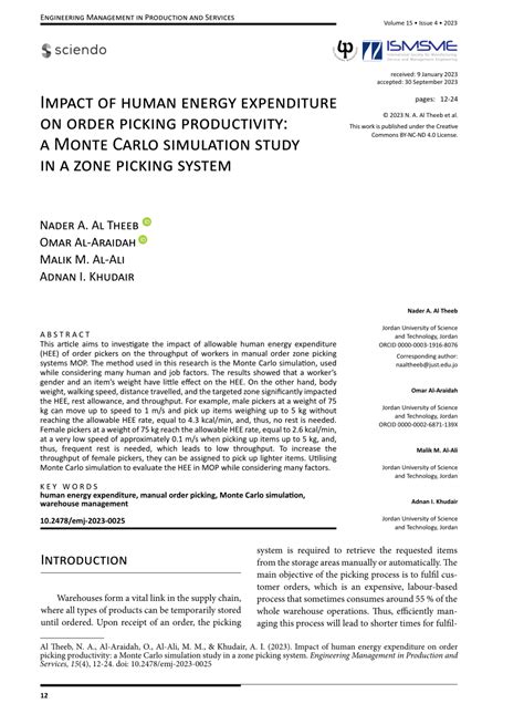pdf impact of human energy expenditure on order picking productivity