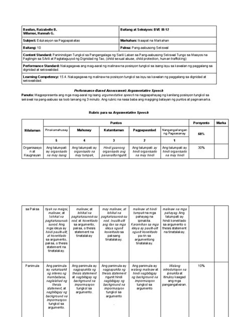 Basilan Villamor Performance Based Assessment Rubric Pdf