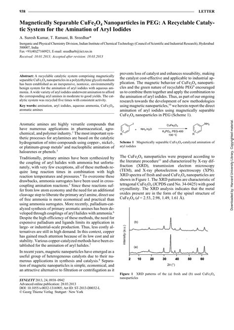 Pdf Cheminform Abstract Magnetically Separable Cufe 2 O 4 Nanoparticles In Peg A Recyclable