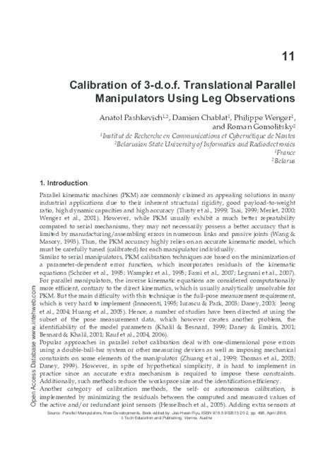 Pdf Calibration Of 3 Dof Translational Parallel Manipulators Using