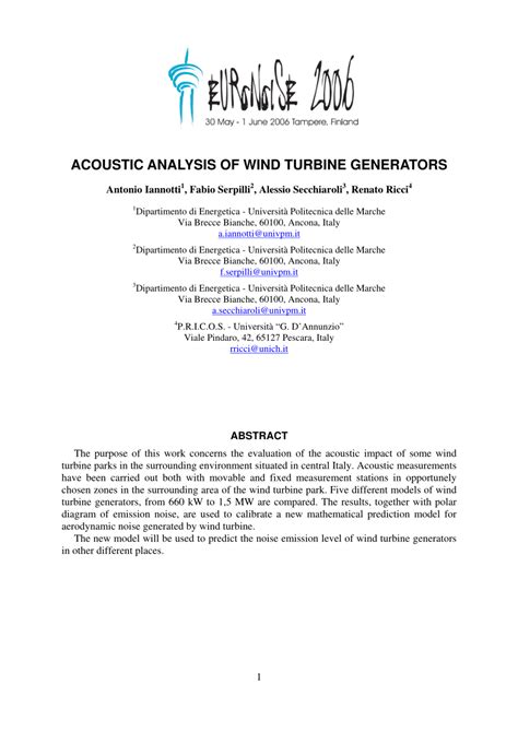 Pdf Acoustic Analysis Of Wind Turbine Generators
