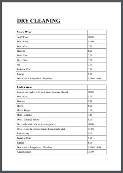 Home Cleaning Services Price List