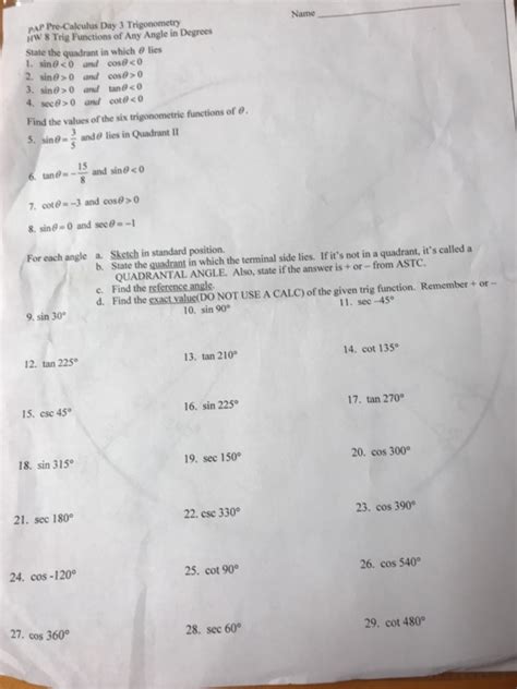 Solved Name Pap Pre Calculus Day 3 Trigonometry Hw 8 Trig