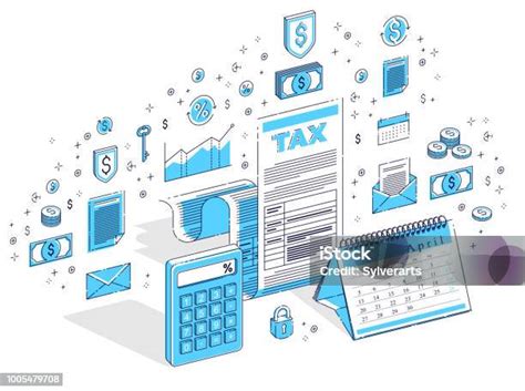 과세 개념 계산기와 캘린더 흰색 절연 세금 양식 또는 종이 시트 법적 문서 아이소메트릭 3d 벡터 일러스트 아이콘 통계 차트와 디자인 요소를 재정 0명에 대한 스톡 벡터