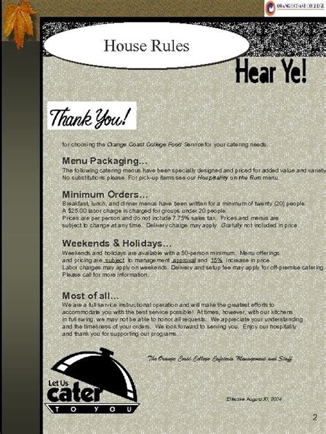 Orange Coast College Instructional Food Service Catering Menu