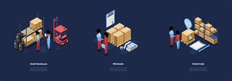 만화 3d 스타일의 세 창고 개념 일러스트레이션 글 문자 및 개체와 어두운 배경에 등색 벡터 구성 소규모 스토리지 도매 및 소매 무역 아이디어 창고에 대한 스톡 벡터 아트