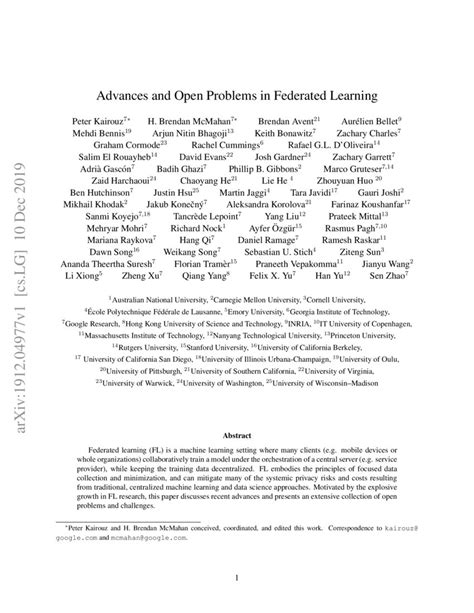 Advances And Open Problems In Federated Learning Deepai