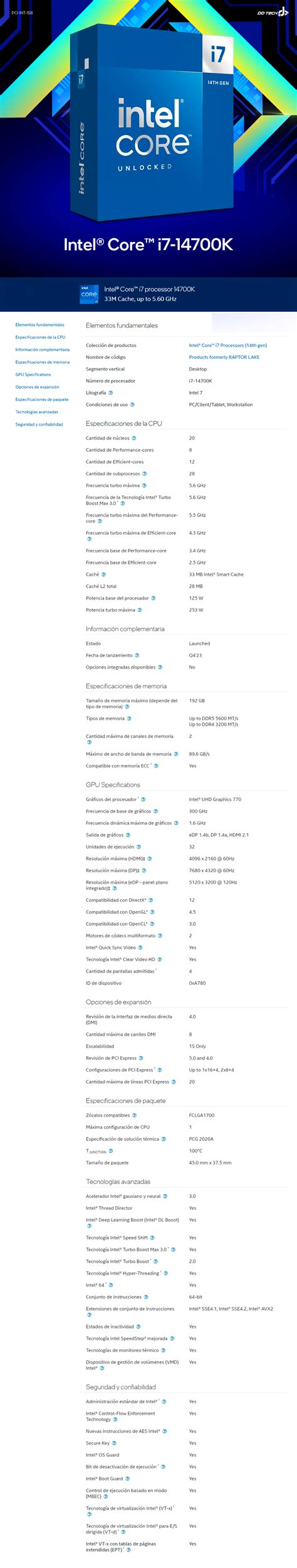 Procesador Intel Core I7 14700k Core I7 14th Gen 20 Core 8p 12e Lga 1700 Intel Uhd