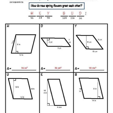 Area Of Parallelograms Riddle Worksheet Classful