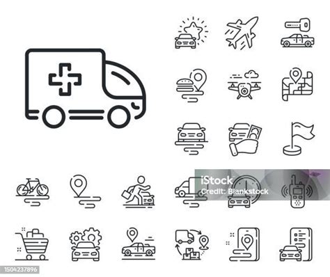 구급차 응급 차량 라인 아이콘입니다 병원 수송 차량 표시 비행기 공급망 및 장소 위치 벡터 구급차에 대한 스톡 벡터 아트 및 기타 이미지 Istock